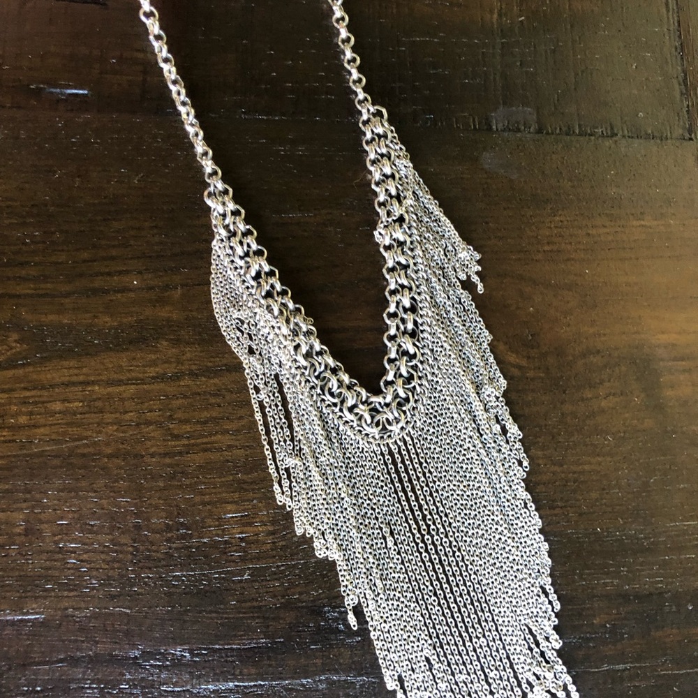 Silver Chain Waterfall Statement Necklace - Gem